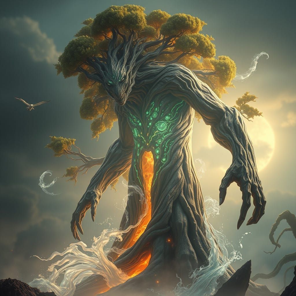 A towering, gentle humanoid tree of life with skin like ancient bark ...