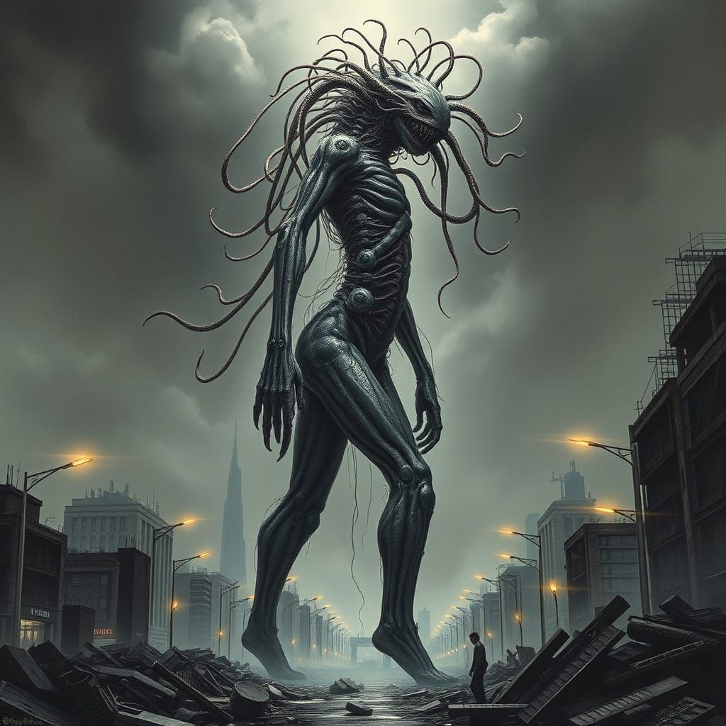 A hyperrealistic Ink and oil picture of a grotesque amalgamation of ...