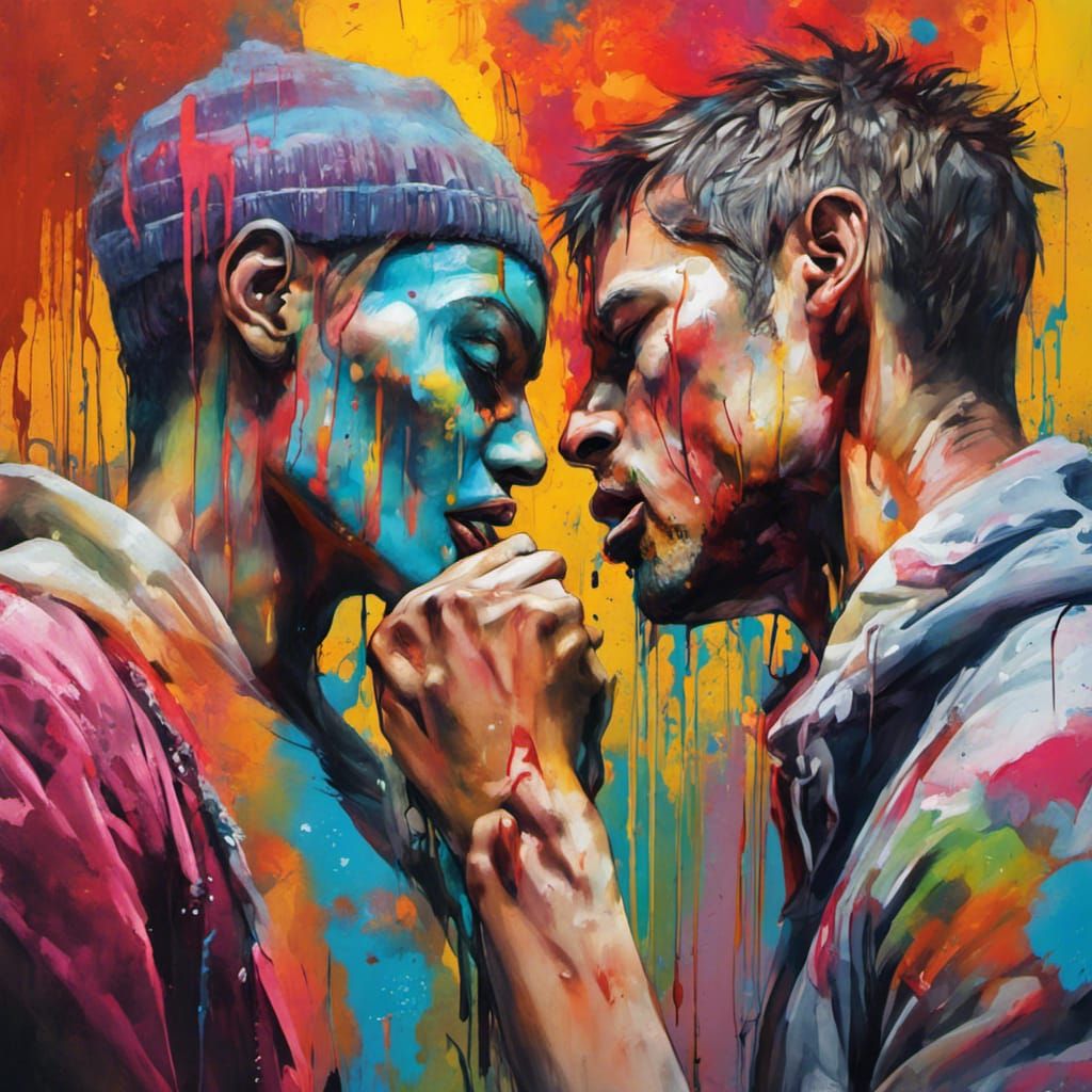 two lovers arguing furiously in profile, but still holding hands - AI ...