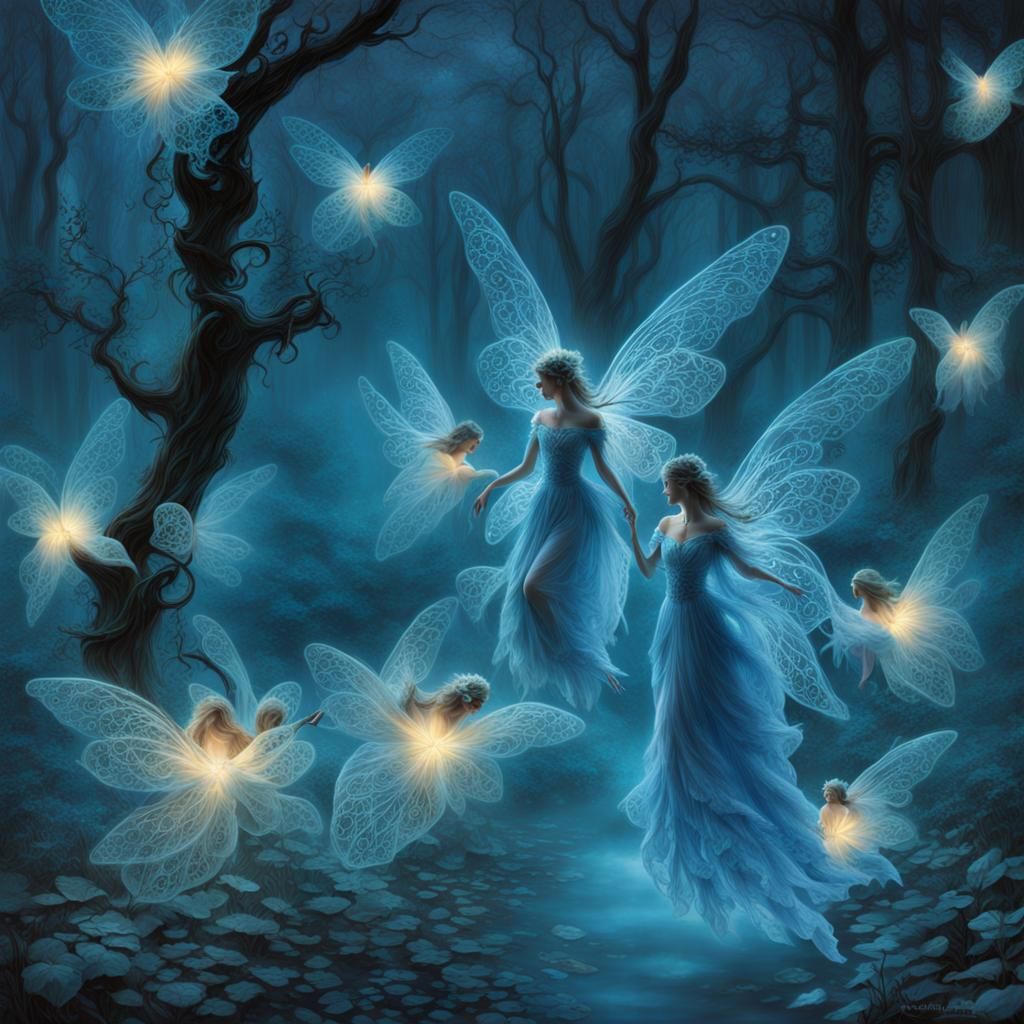 ghostly lacy magical ultra-bright bioluminescent blue fairies sway with ...