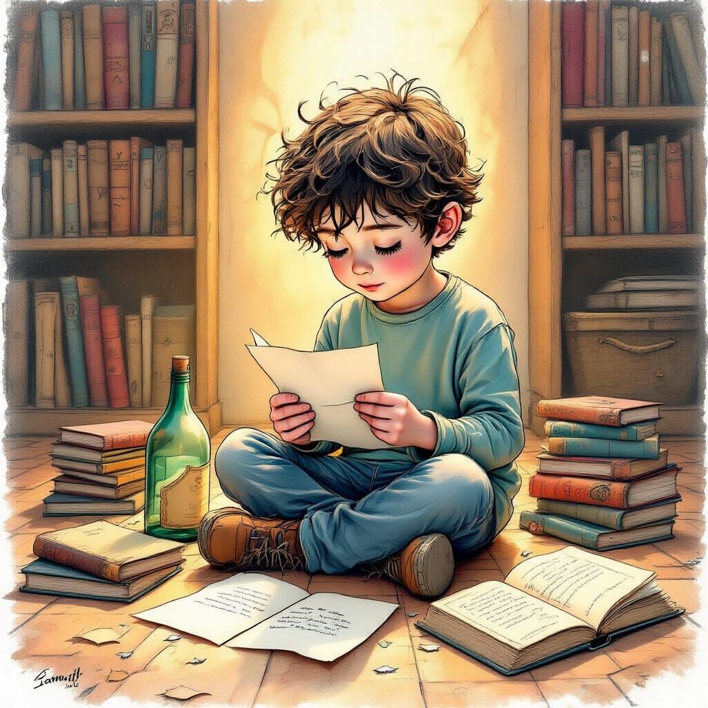 Reading 250605 - Boy Reading Letter with Color Pencil Shadin...