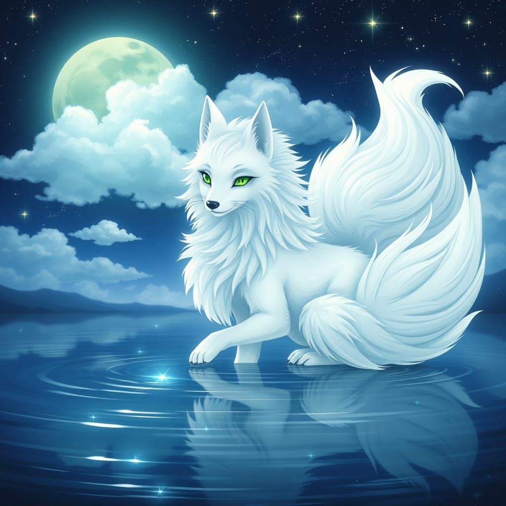 Kitsune form: • youngPure-white wolf face, with the 9 kitsune tails ...