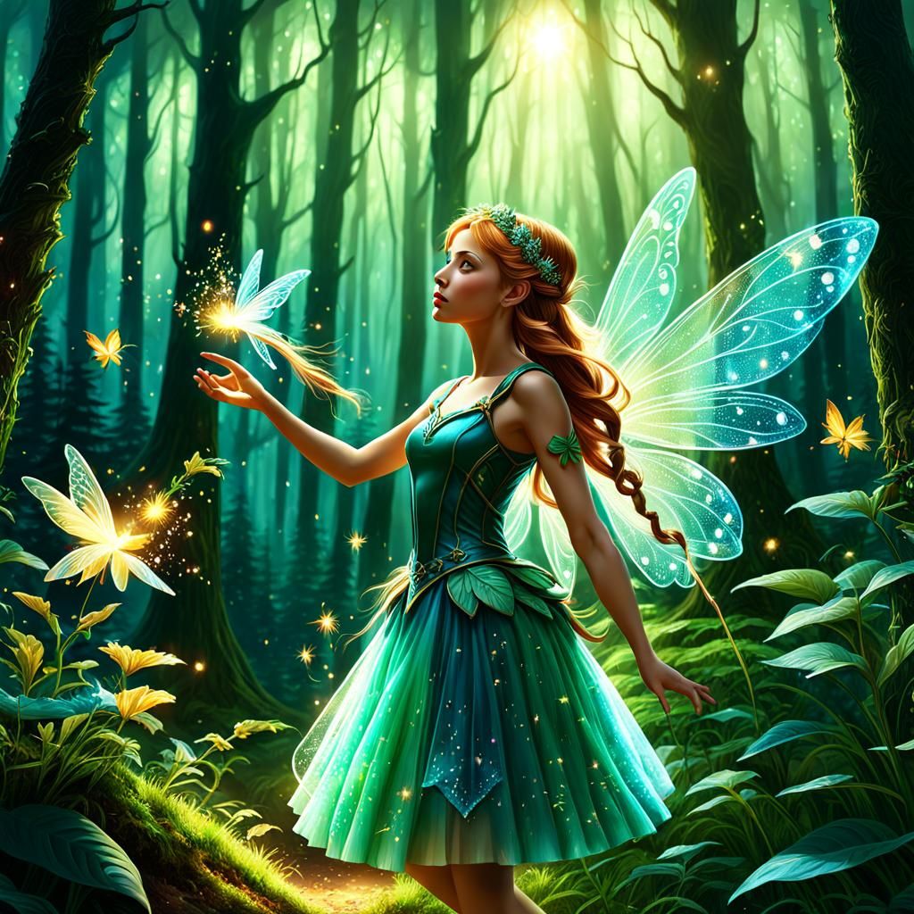 A fairy in the forest sprinkling fairy dust - AI Generated Artwork - NightCafe Creator