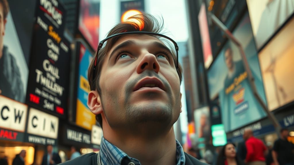 Man in Awe at Times Square in Cinematic Film Still - AI Art
