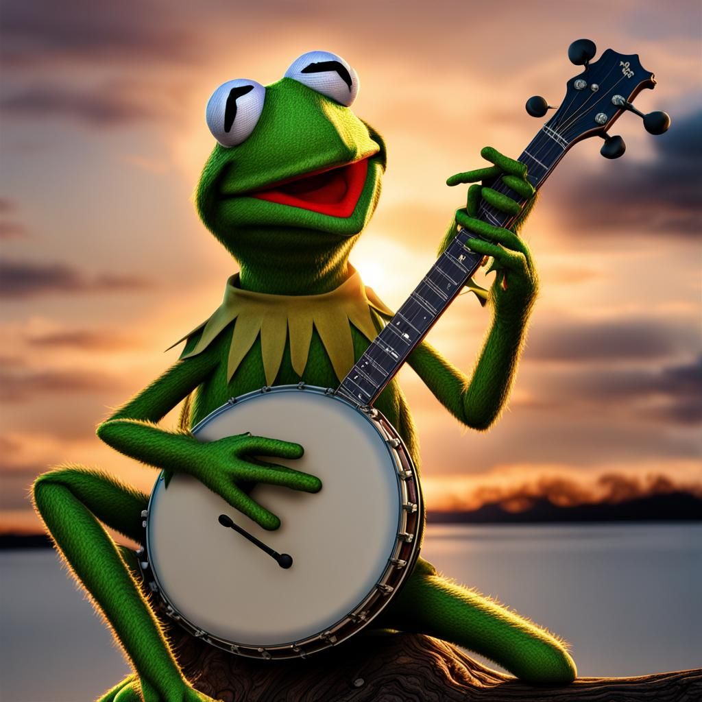 Kermit the frog plays the banjo in front of a sunset - AI Generated ...