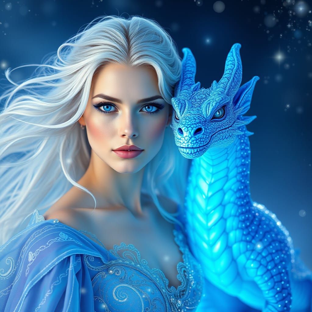 A resplendent Pleiadian woman with sapphire-blue eyes and cascading, luminous white-blonde hair ...