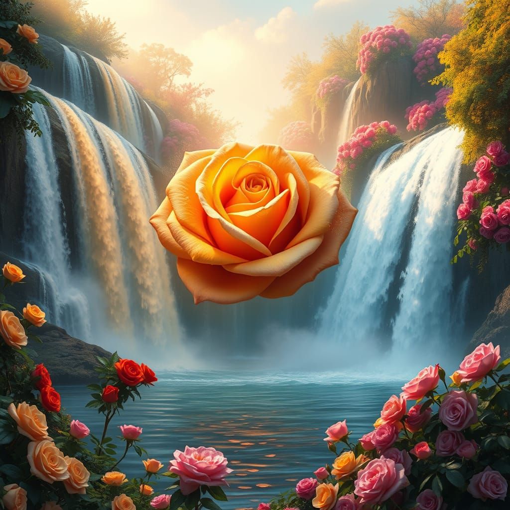 Seasonal Waterfalls Converge in a Vibrant Rose - AI Art