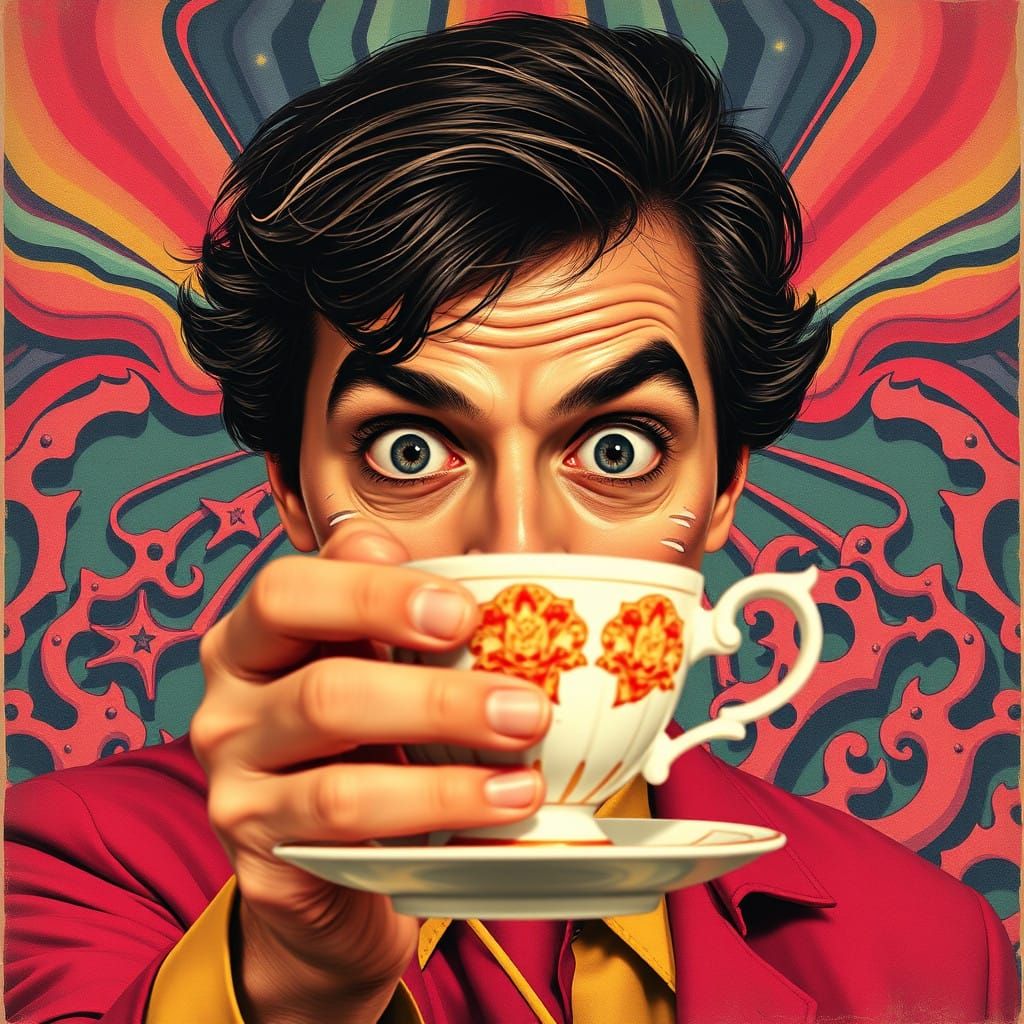 Man Holds Mysterious Teacup in Psychedelic Vintage... - AI Art