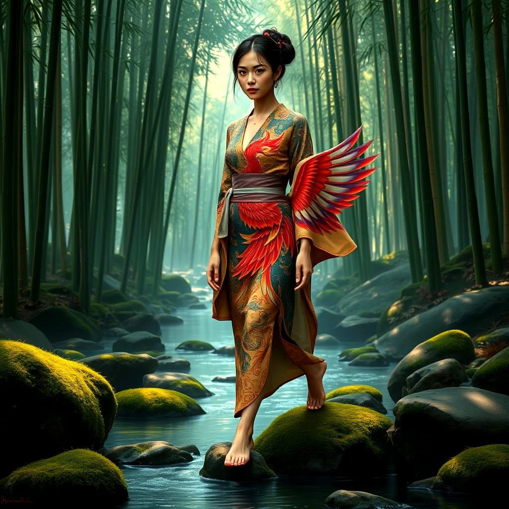 Asian Model Walks Through Bamboo Forest in Phoenix... - AI Art