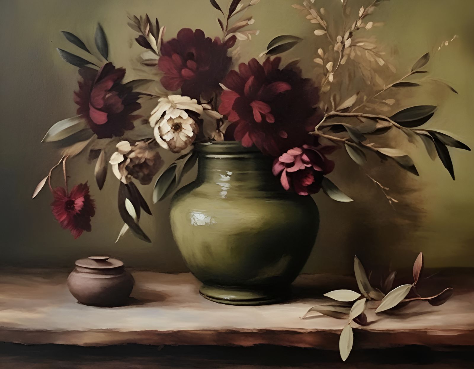 Moody floral antique oil painting, french country, olive green ...