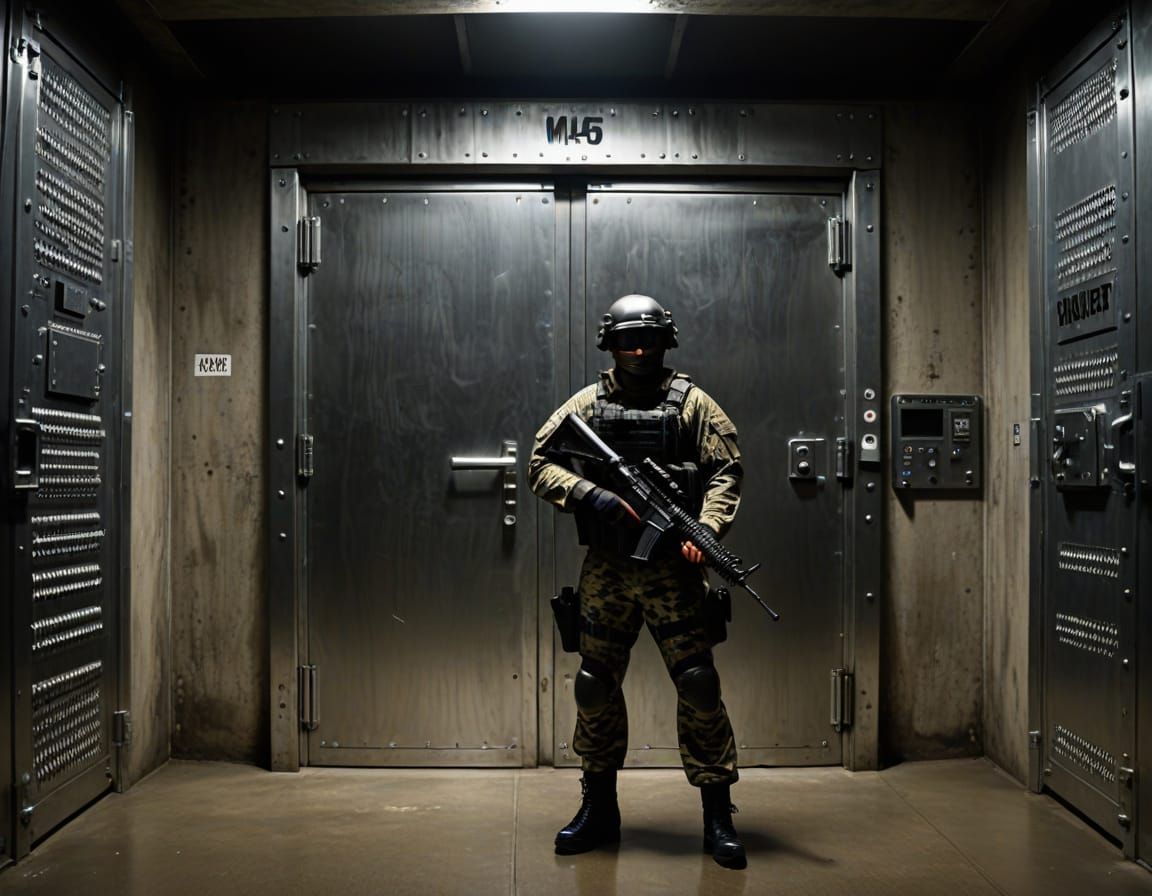 The Vault - Soldier Guards Cyber Vault Door in Dimly Lit Roo...