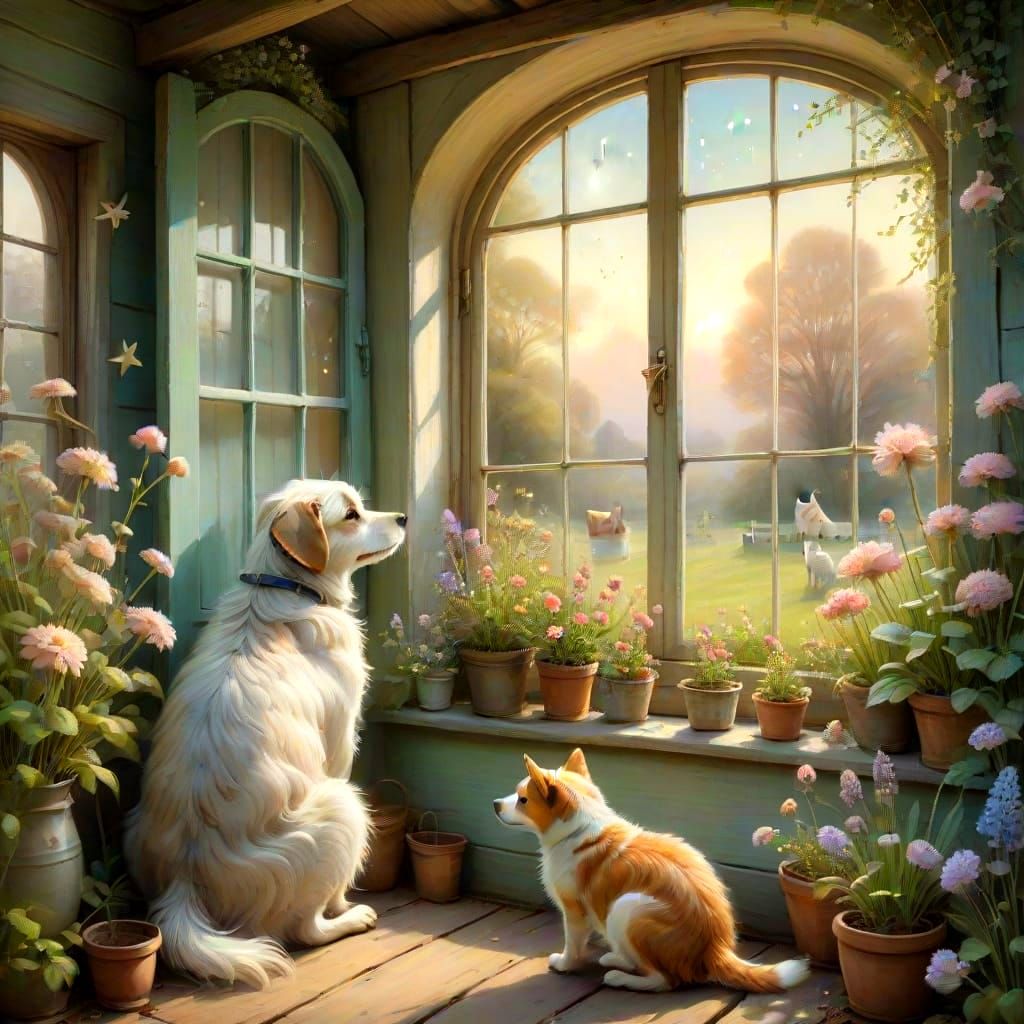 Waiting ... - Whimsical Cottage Scene with Starlight Pets