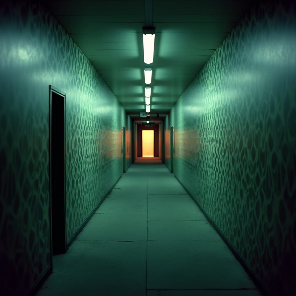 Liminal spaces - Flickering Neon Corridor Trapped in Time