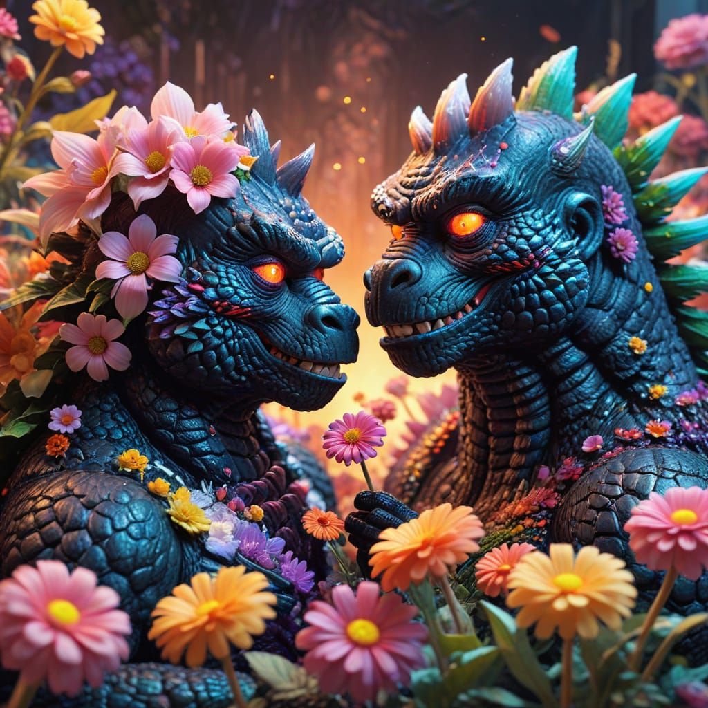 Mr. and Mrs. Godzilla offer you flowers