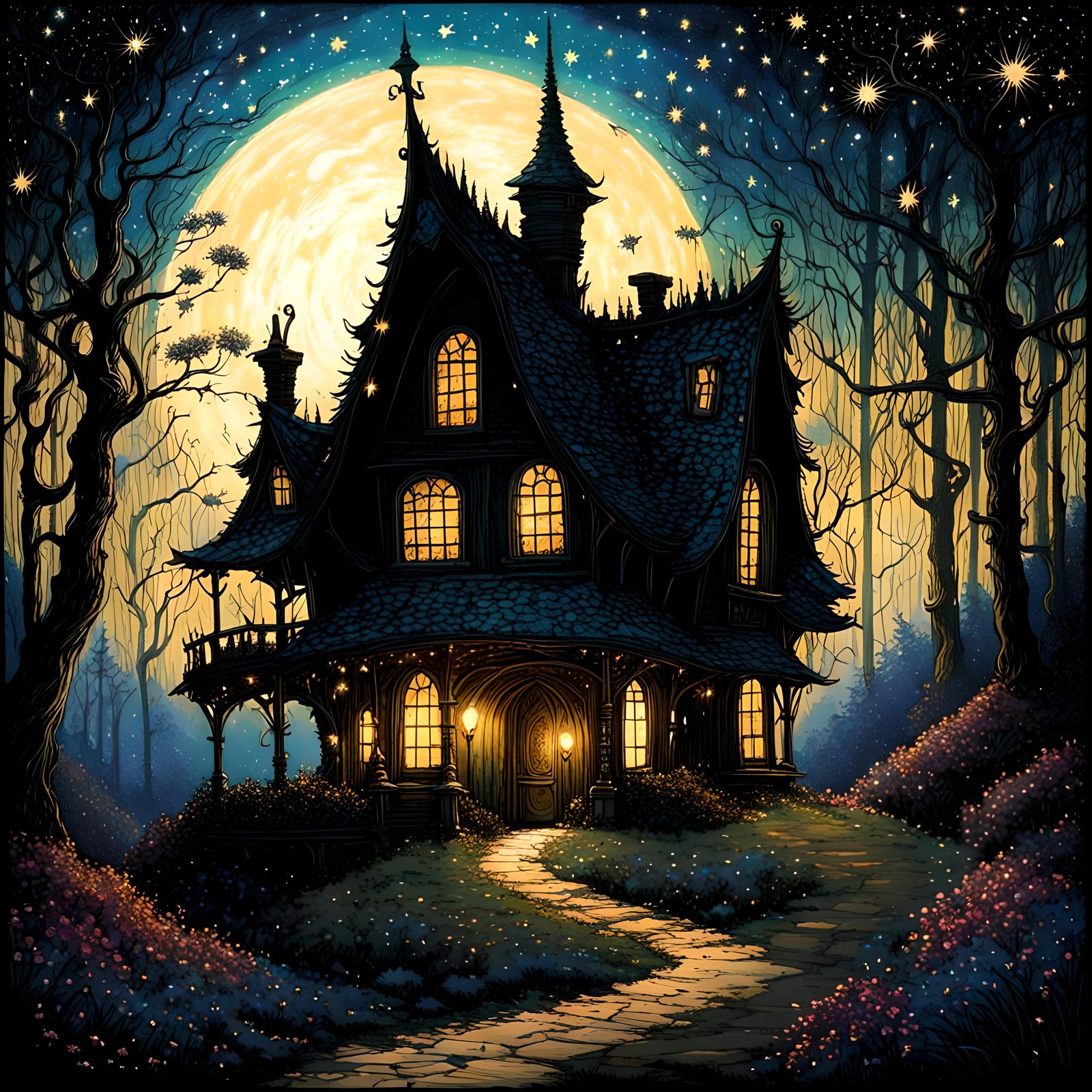 Beautiful fantasy pixie house in the magical forest surrounded by pixie ...
