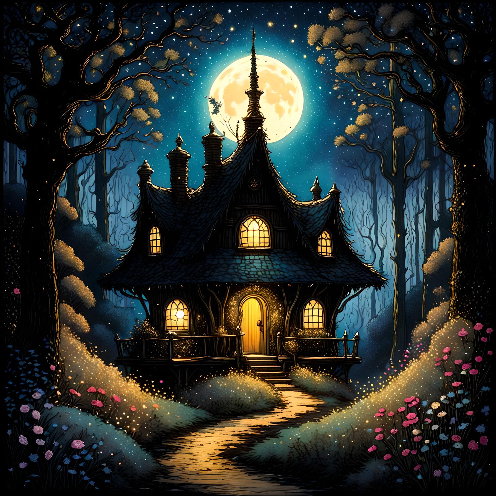 Beautiful fantasy pixie house in the magical forest surrounded by pixie ...