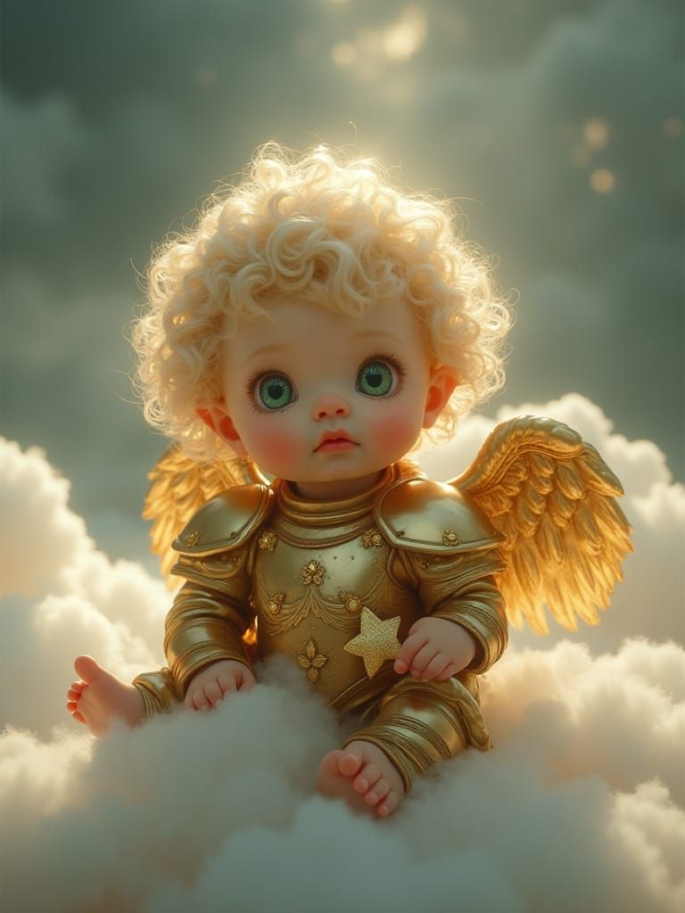 cupid - Whimsical Angel in Golden Armor, Floating on a Cloud...