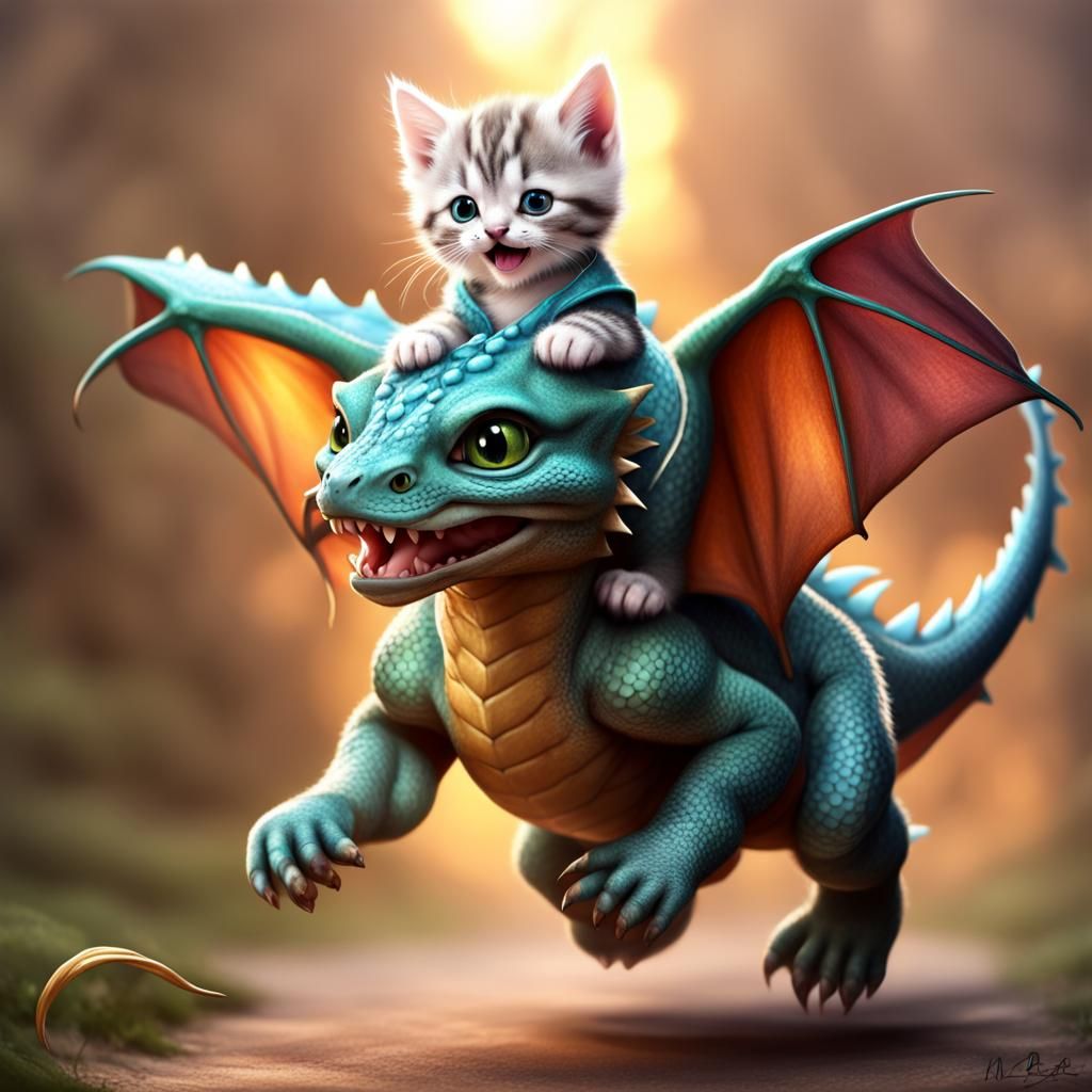 Cute kitten riding a baby dragon - AI Generated Artwork - NightCafe Creator