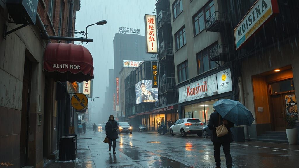 Impressionist Dystopian Cityscape Under Torrential... - AI Art