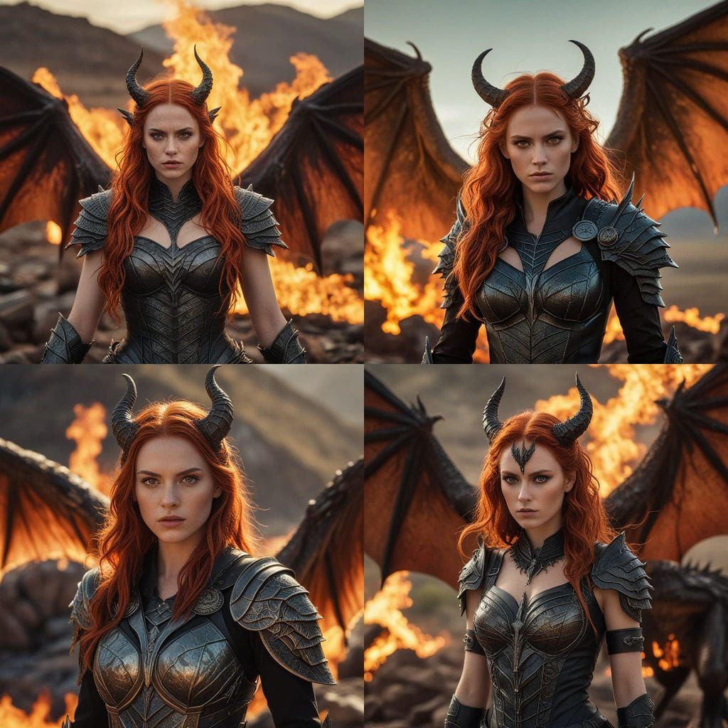 Ethereal Demon Goddess in Fiery Landscape - AI Art