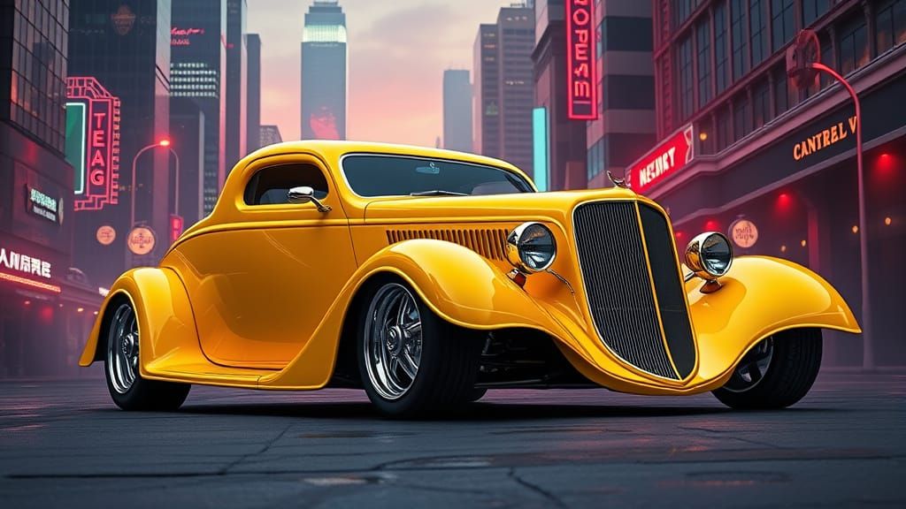 A very high resolution 4k image of an yellow ,4 door, 1934 Ford car ...