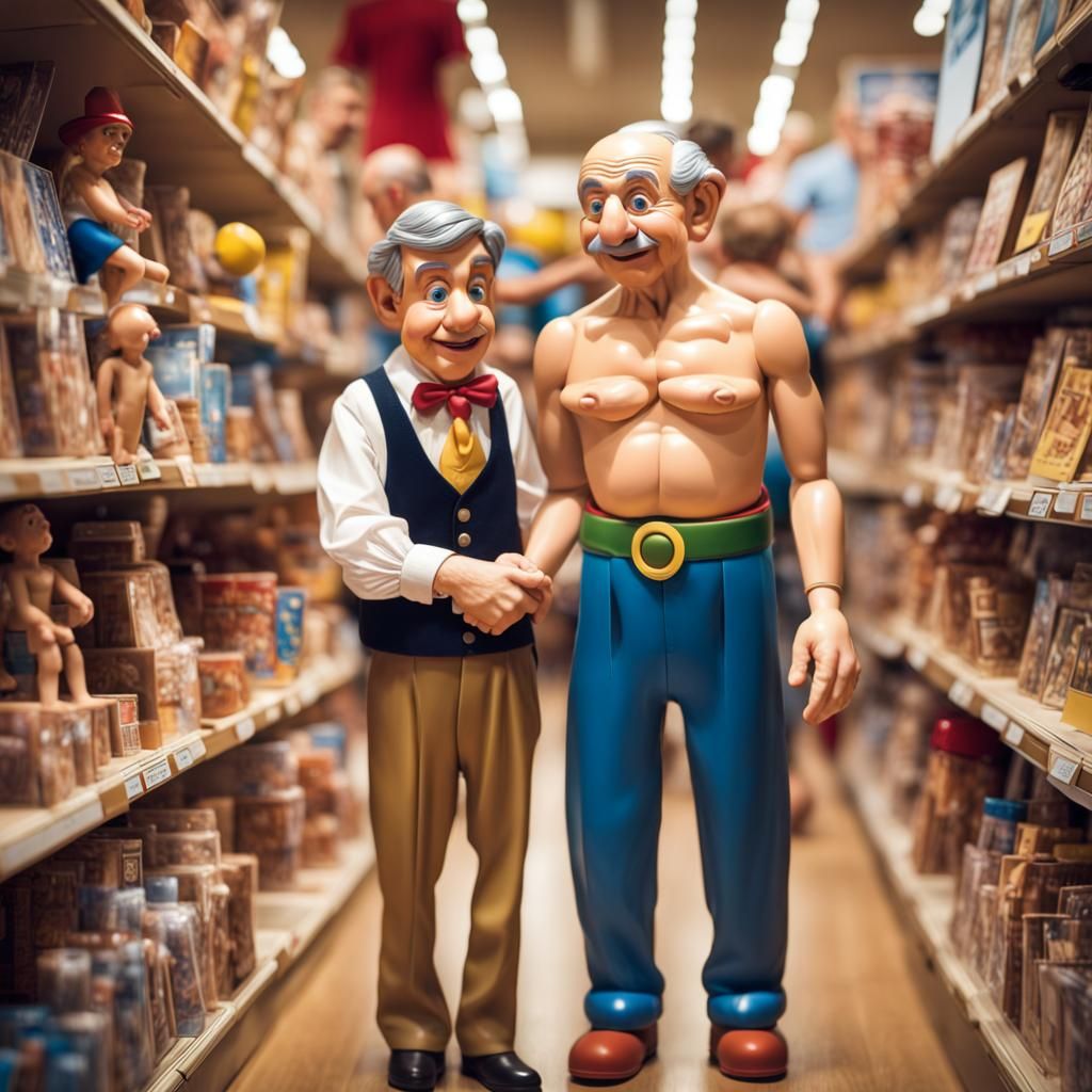 Shirtless man with Pinocchio face in a toy store, holding hands with a ...