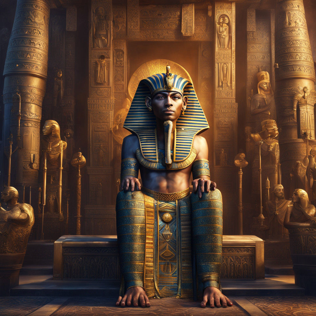 A full-body, lifelike portrayal of an ancient Egyptian pharaoh ...