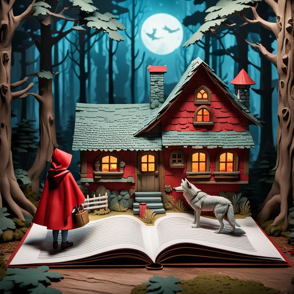Pop up book image of Red Riding Hood and the Wolf in front of Grandma's ...