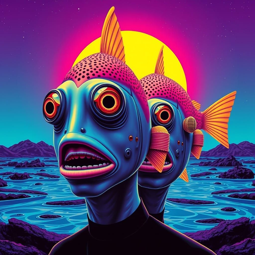 Fish Friends - Vaporwave Anthro Fish in Retrofuturistic Half...