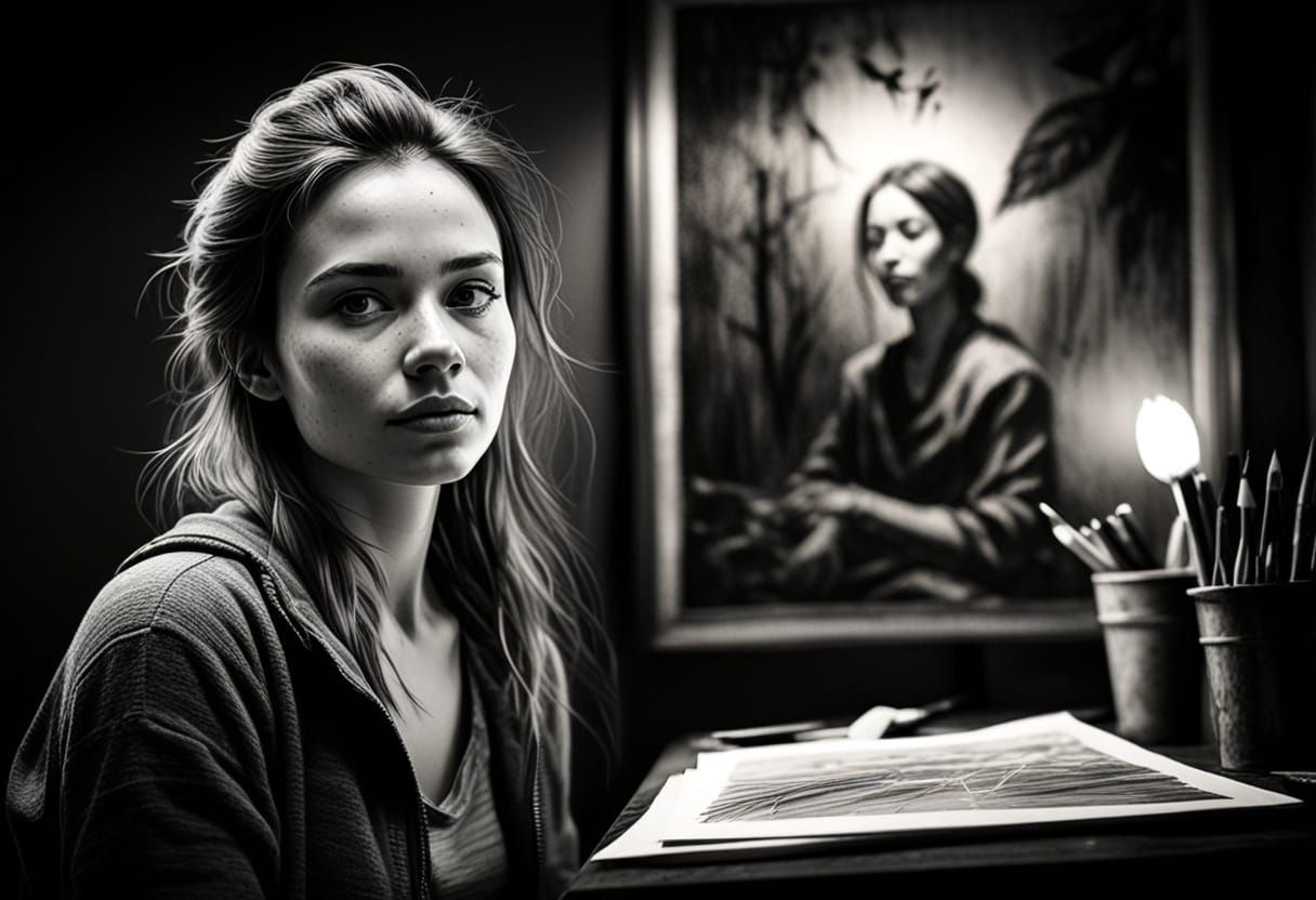 Expressive Charcoal Line Art of Woman Drawing - AI Art