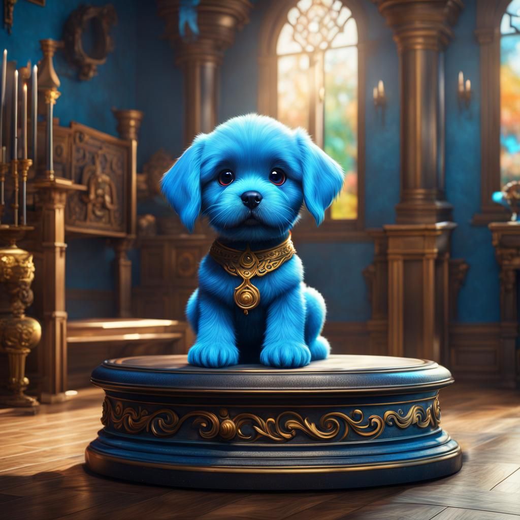 A cute blue fuzzed puppy kawai big headed big black eyed Extra fuzzy ...