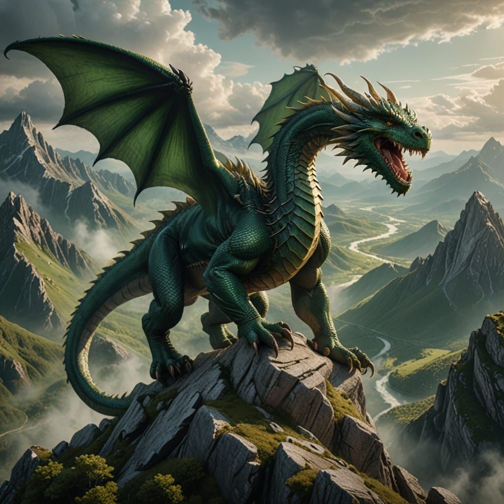 Surreal Green Dragon Takes Flight Amidst Golden Sk... - AI Art