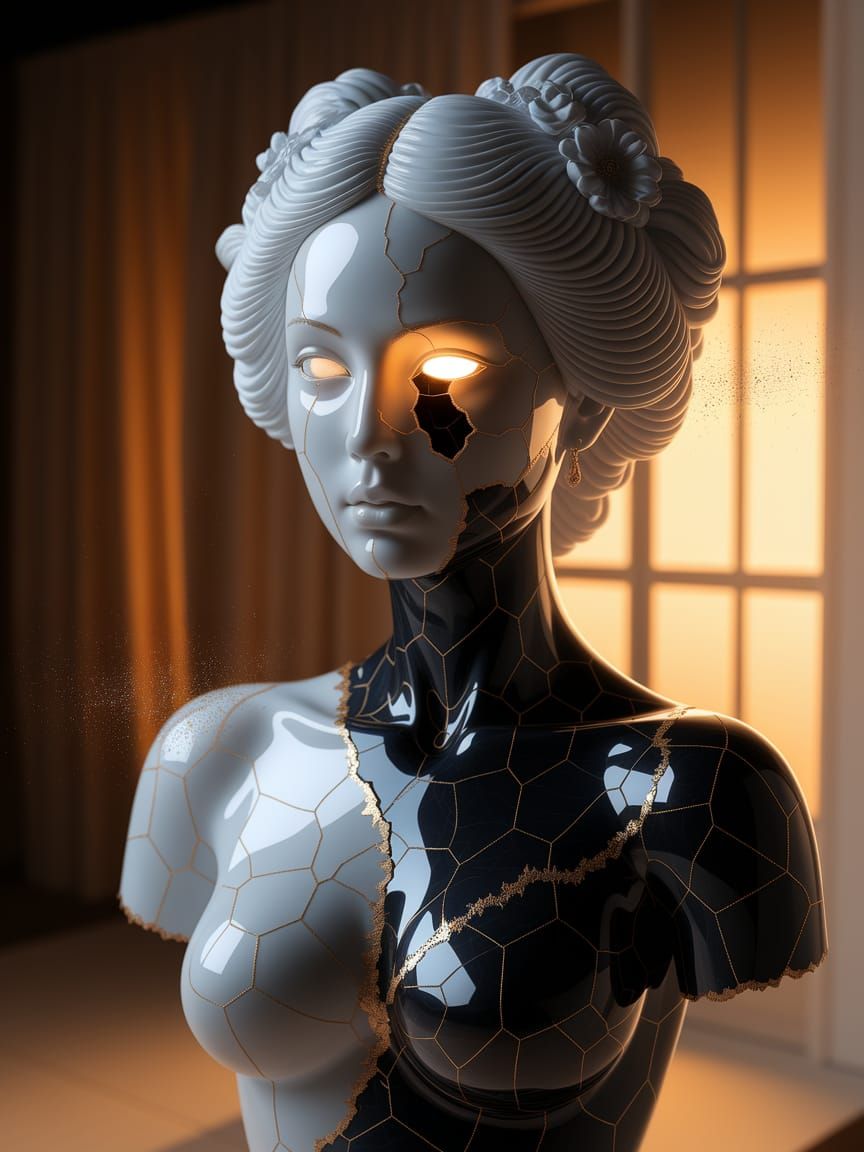 A breathtaking Kintsugi sculpture of a woman, her porcelain face ...