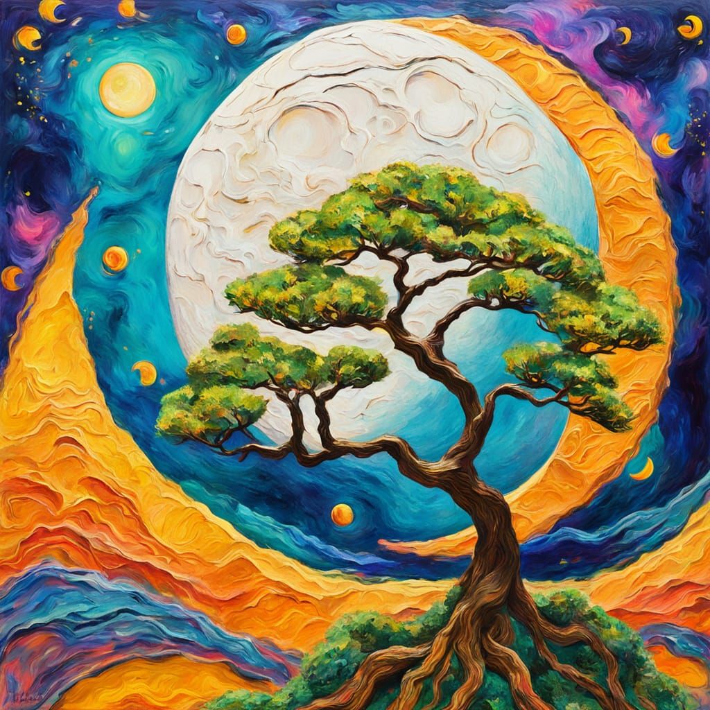 Papier mache - Surreal Papier Mache Moon with Bonsai Tree