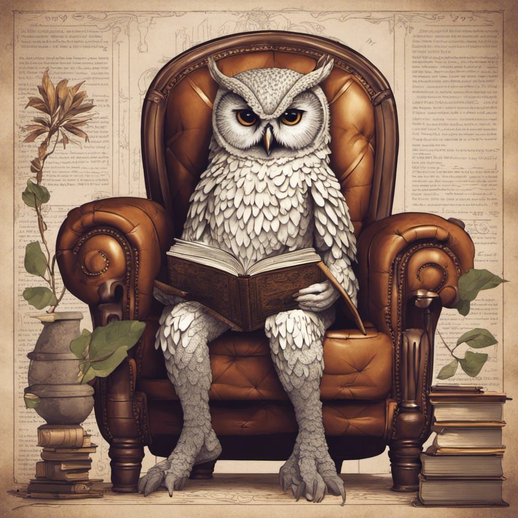 Owl librarian sitting in a cozy leather armchair and reading in an ...