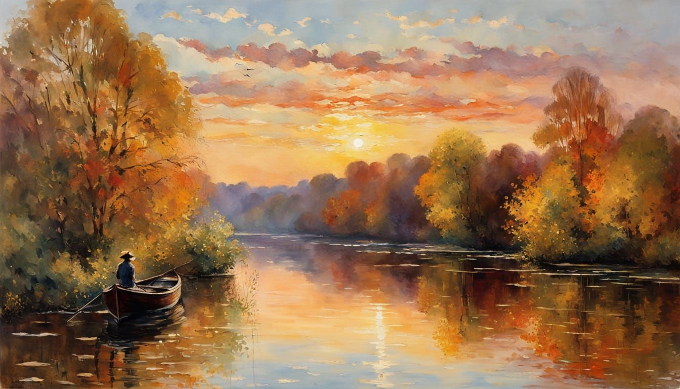 Ethereal Sunset Over Winding River in Impressionis... - AI Art