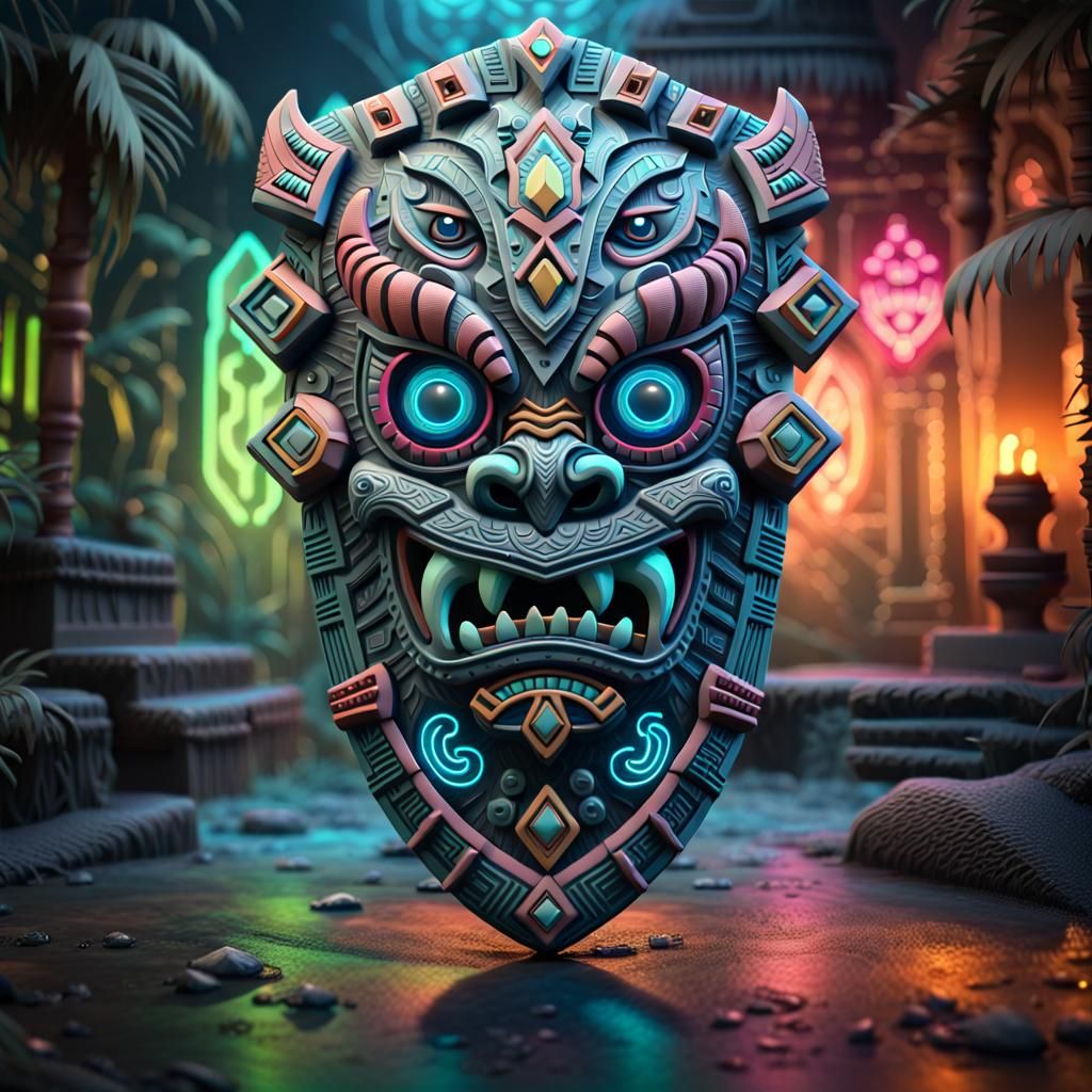 tribal shield with Tiki monster - AI Generated Artwork - NightCafe Creator