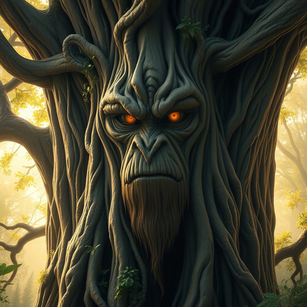 Treeman Entity giant, leaves, bark, face, standing, realistic eyes