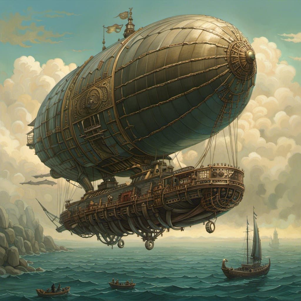 by Andrew Ferez, a detailed fantasy airship over water - AI Generated ...