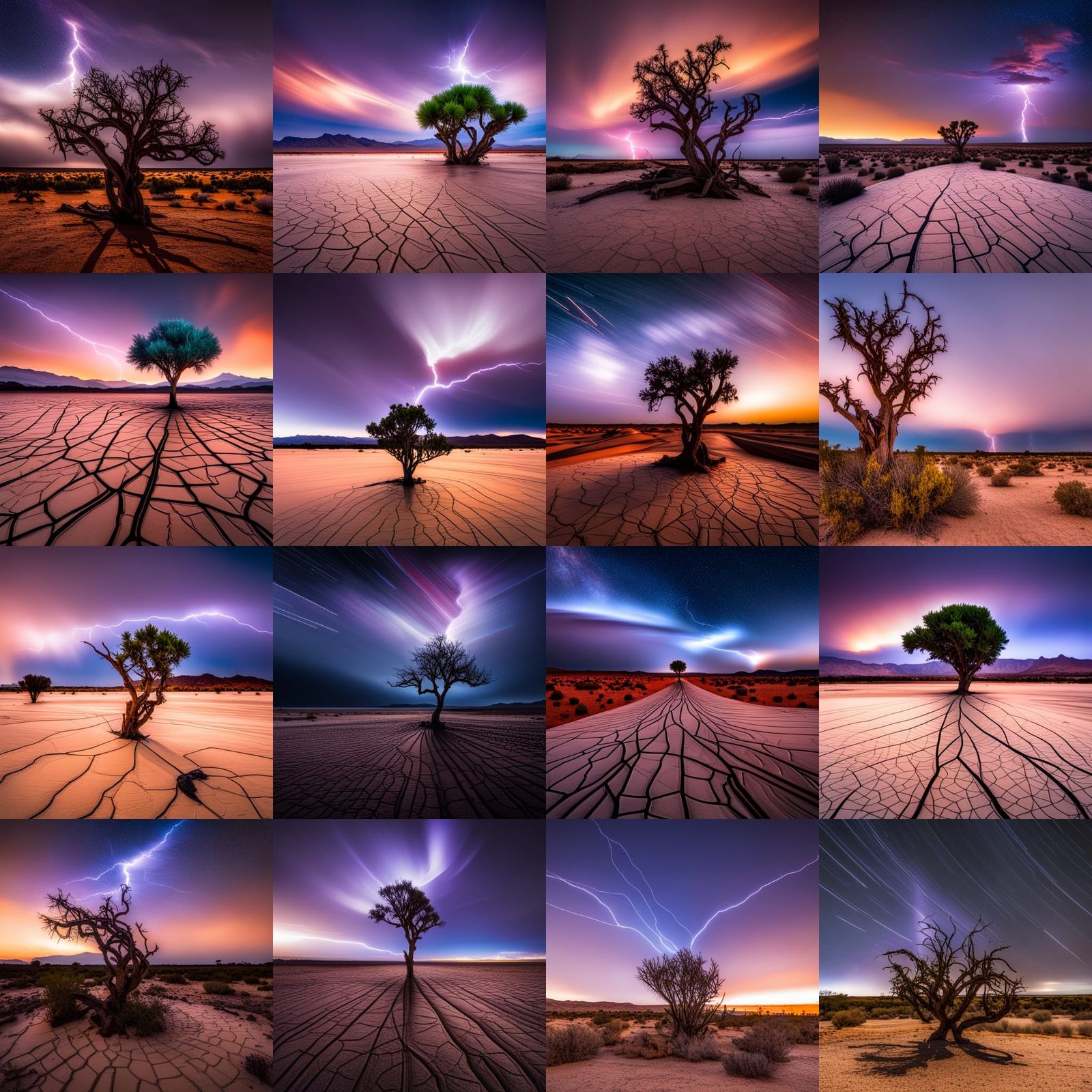 spiderweb lightning over the silhouette of a lone tree in the desert ...