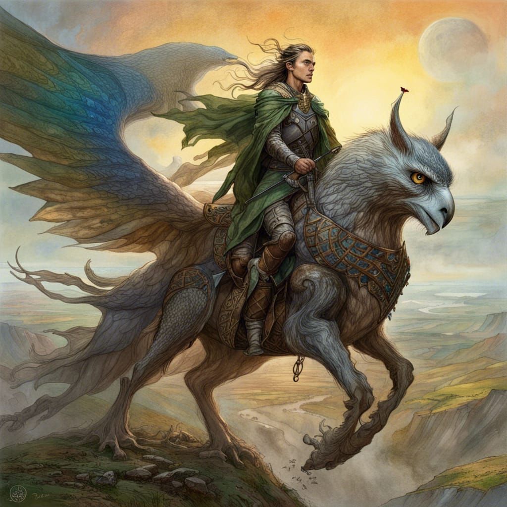 A elven knight rides through the sky on top of his flying steed - AI ...