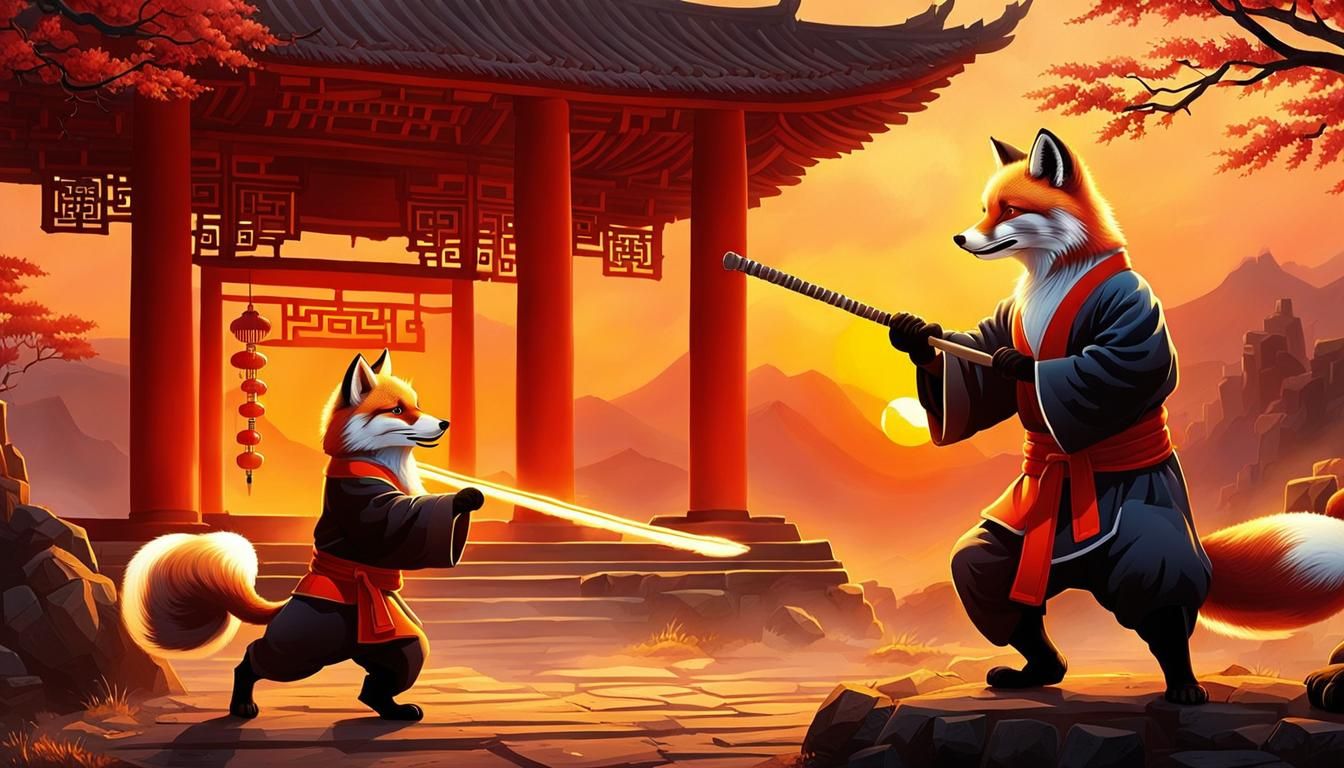 Kung-Fu lesson : Master Fox and young Apprentice Fox pup practicing ...