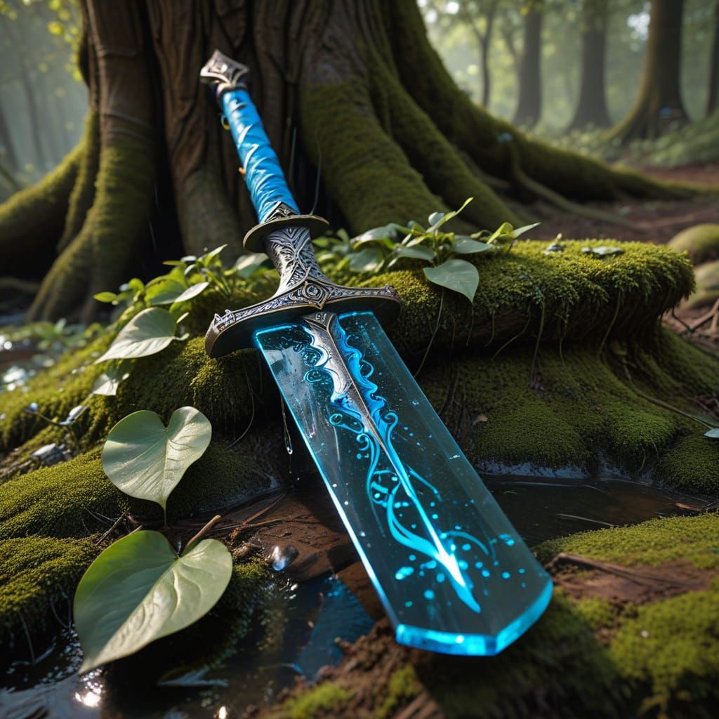 An elven sword, made of water, with elven engravings on a water stone ...