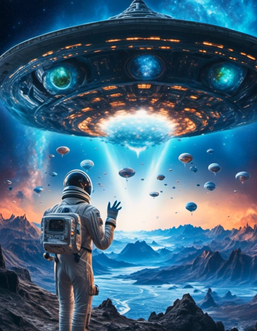 photorealistic, alien, spaceships, guy getting levitated up to spacecraft - AI Generated Artwork ...