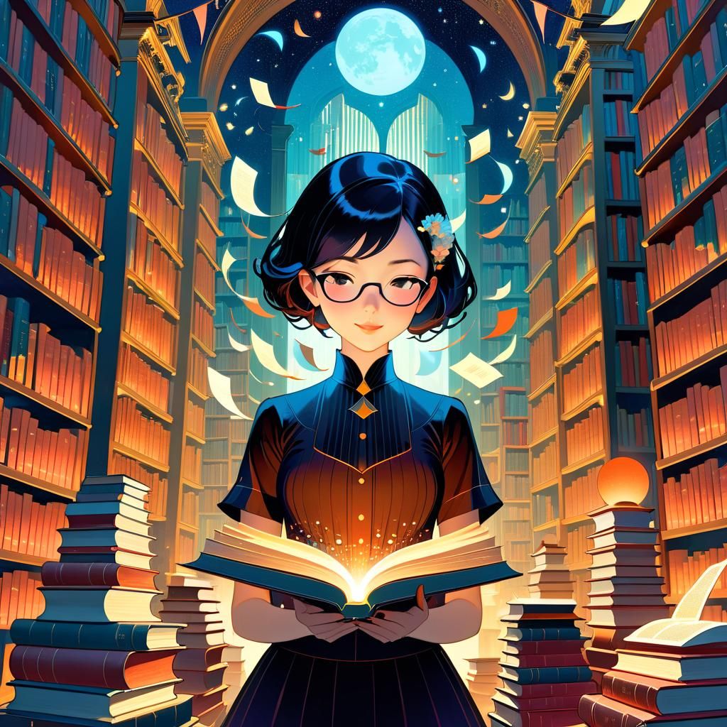 beautiful front portrait, a librarian, surrounded by books, whimsical ...