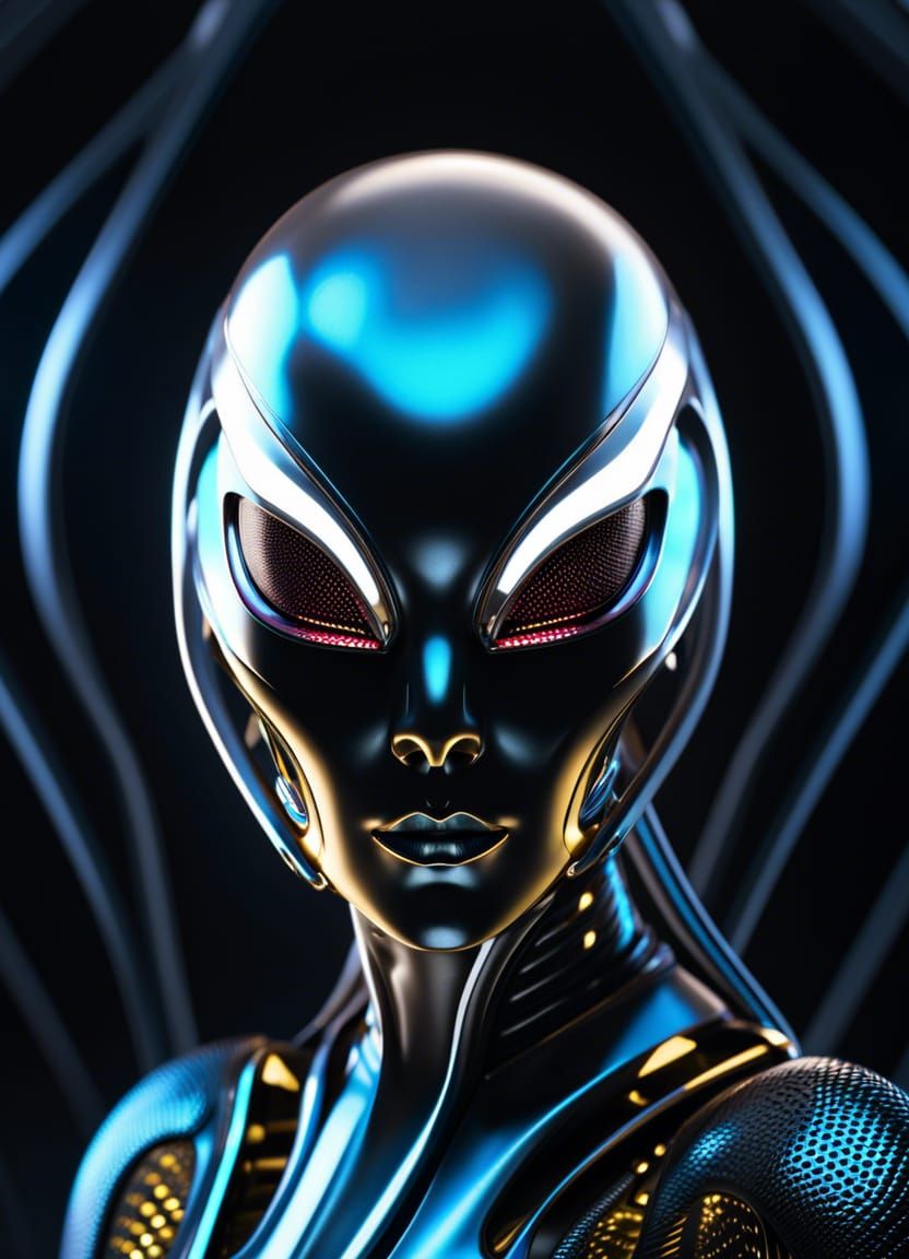Cyborg Alien model in latest sleek alien fashion week avant garde ...
