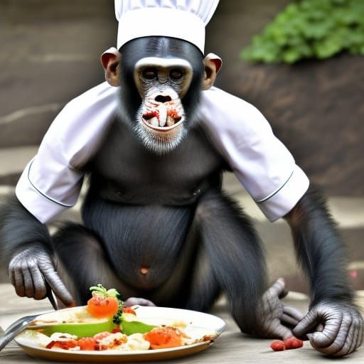 A chimpanzee chef wearing an cooking apron and chefs hat - AI Generated ...