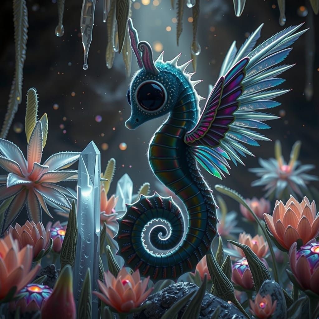 Iridescent Seahorse Creature in Bioluminescent Cav... - AI Art