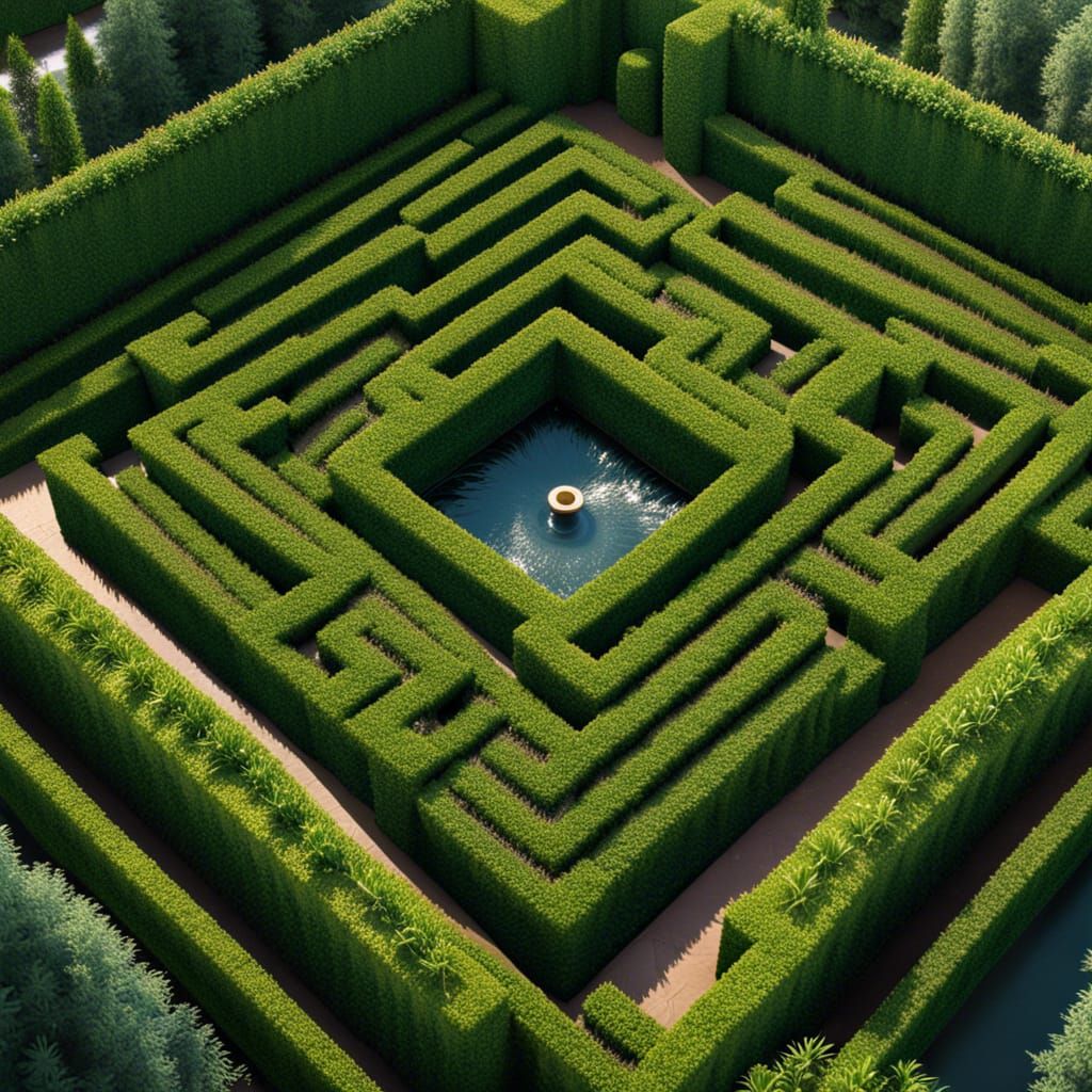 Detailed 3D Plant Labyrinth with Water Fountain - AI Art