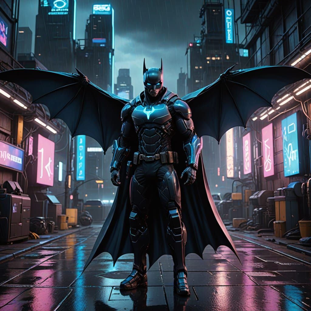 Cyberpunk Bat Hero Standing on Rooftop in Neon-Lit... - AI Art